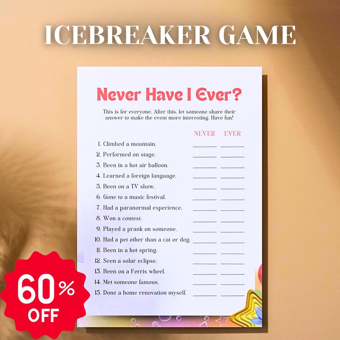 Printable 'never Have I Ever' Icebreaker Game (PDF Download) - Etsy