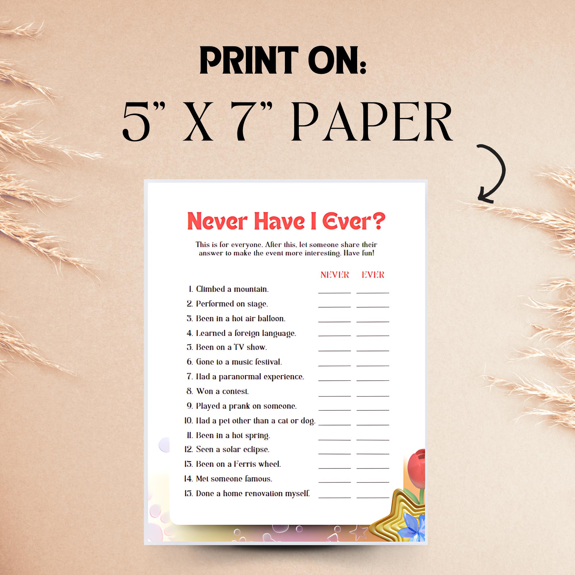 Printable 'never Have I Ever' Icebreaker Game (PDF Download) - Etsy