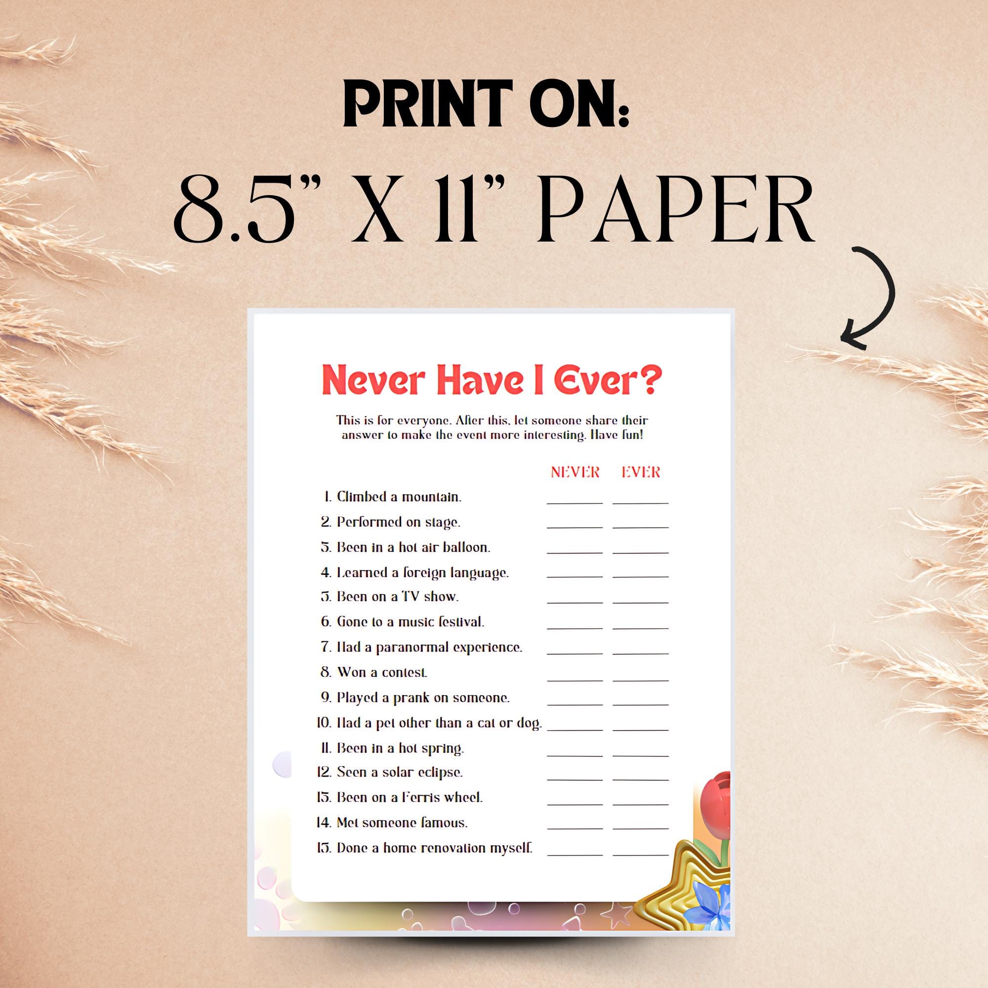 Printable 'never Have I Ever' Icebreaker Game (PDF Download) - Etsy