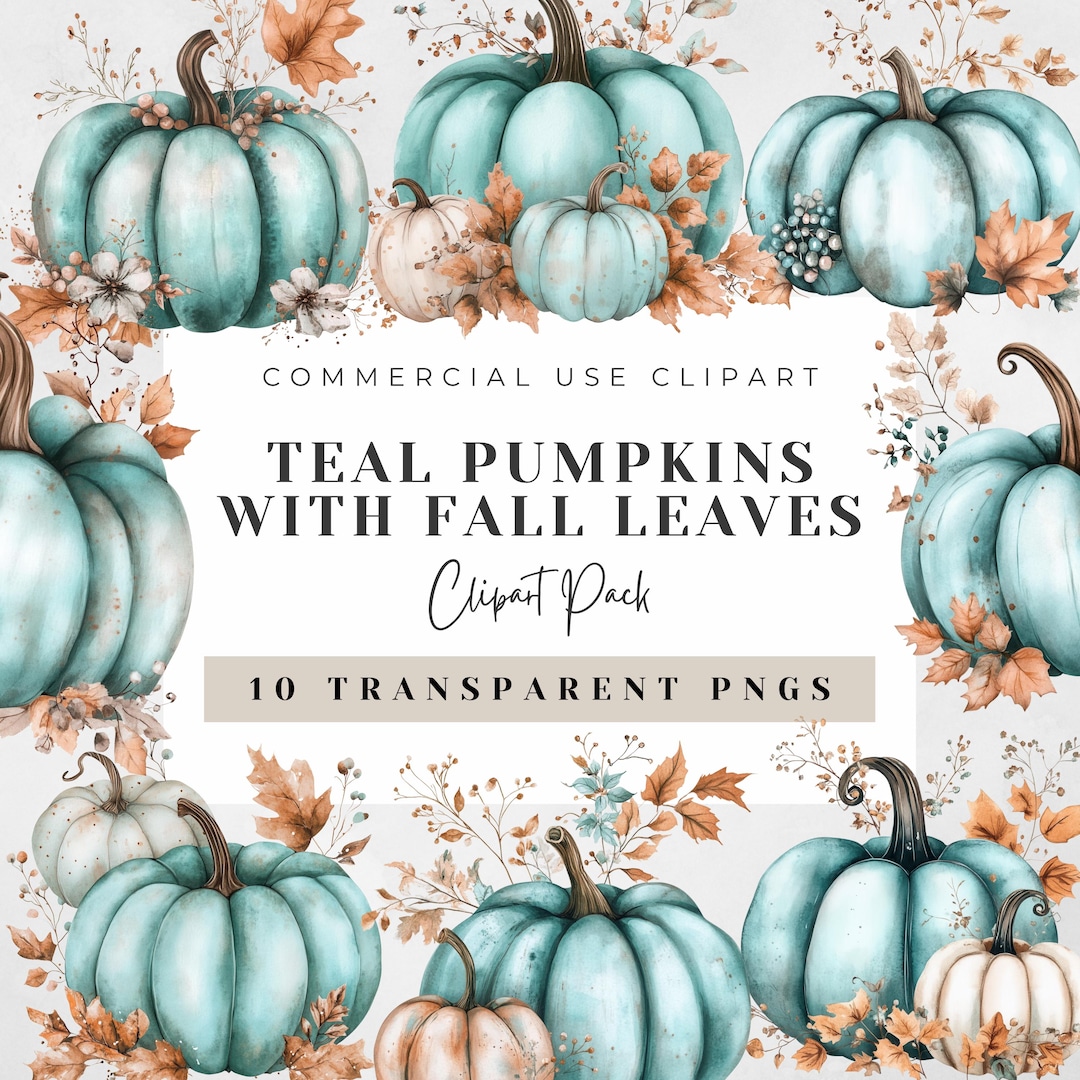 Teal Pumpkins With Fall Leaves Clipart Pack, Fall Pumpkin Watercolor ...