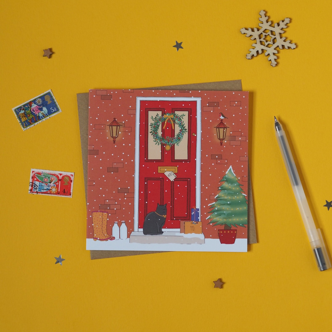 Christmas Front Door Card Cat Christmas Card - Etsy