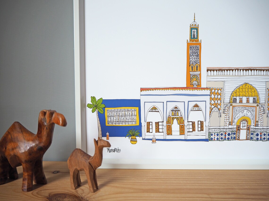 Marrakech Print A3 - Marrakech Cityscape Illustration - Marrakech ...