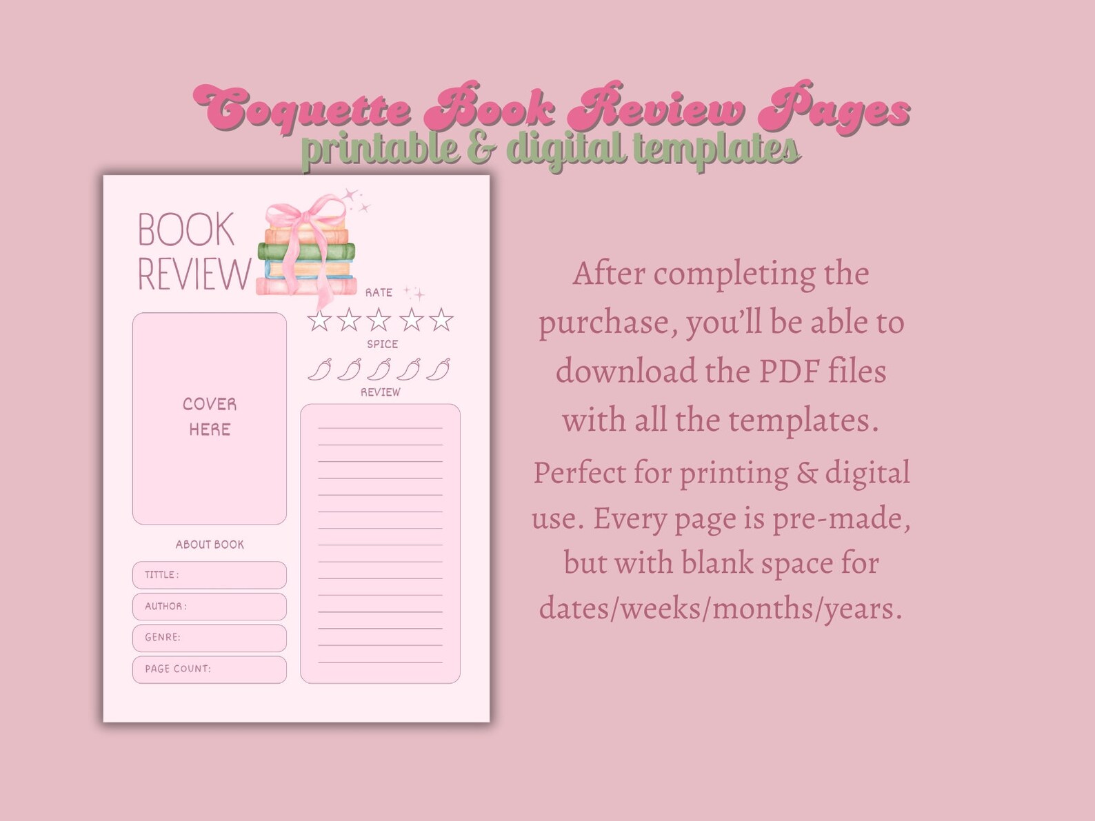 Coquette Book Review Template Printable, Book Review Journal, Book ...