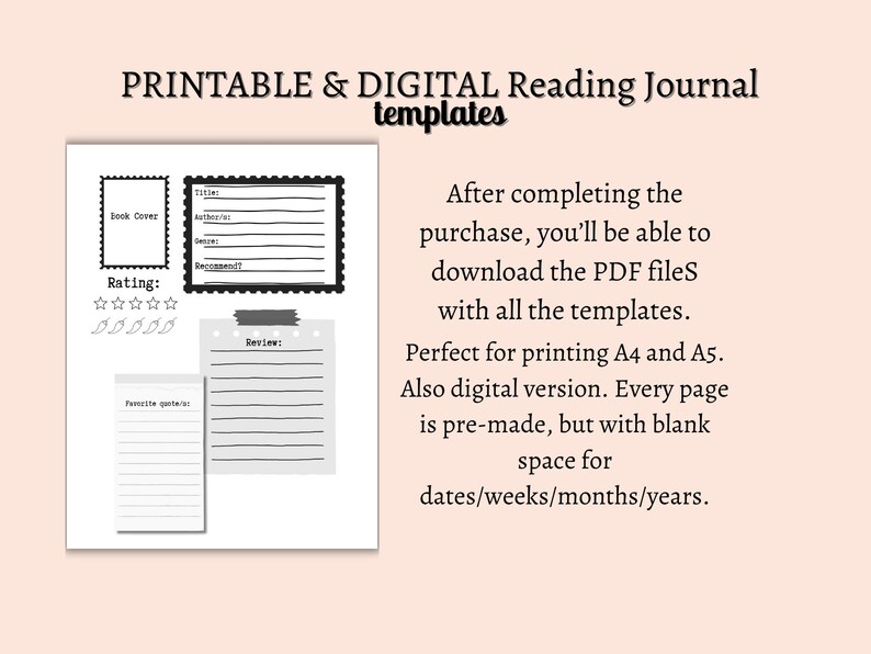 PRINTABLE Reading Journal Templates black and White A4 & A5 Compatible ...