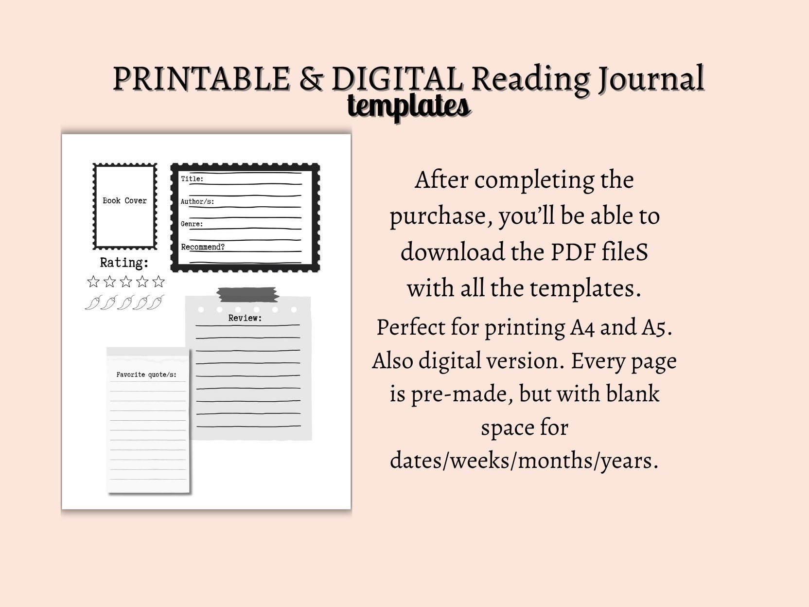 PRINTABLE Reading Journal Templates black and White A4 & A5 Compatible ...