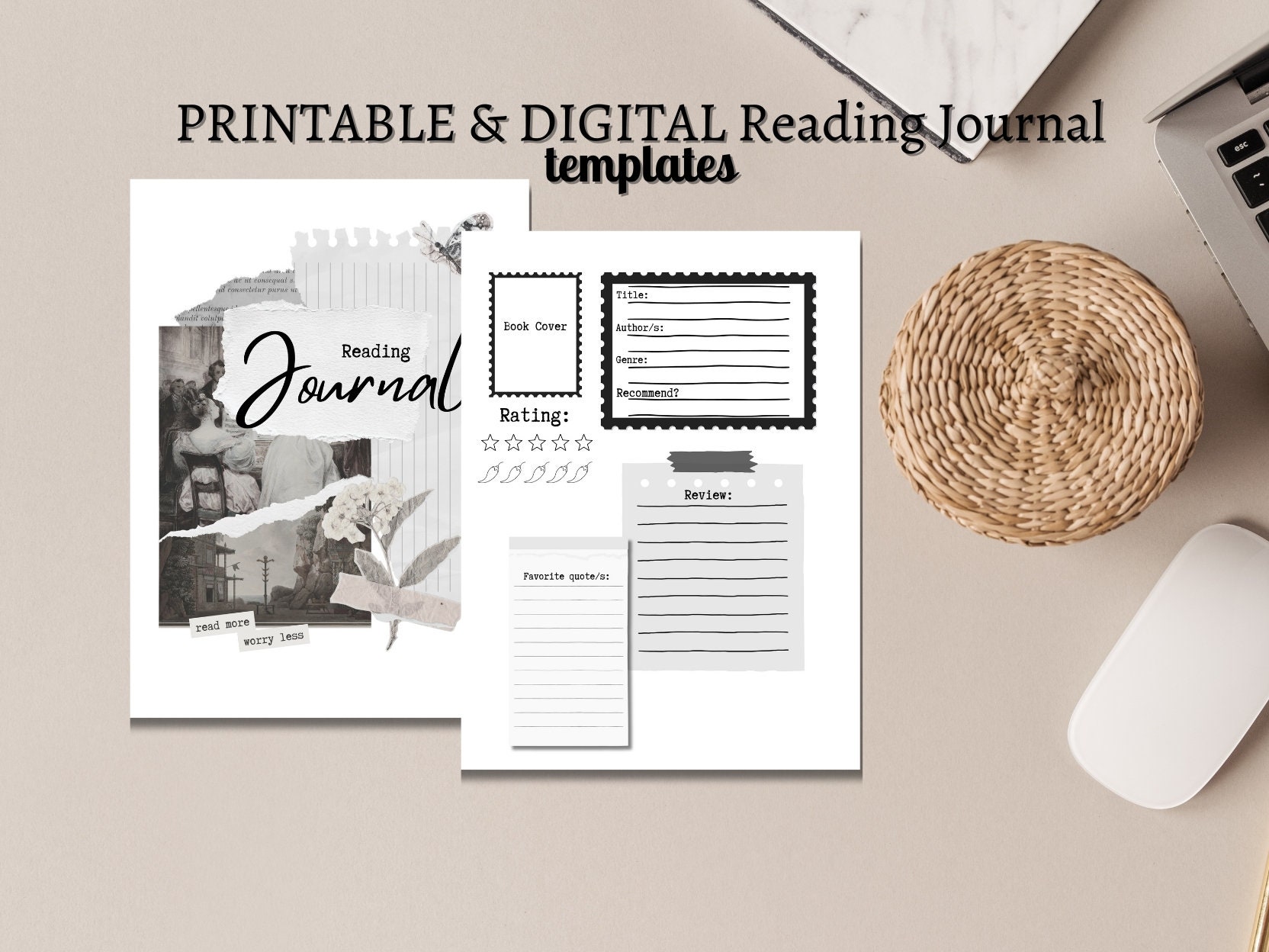 PRINTABLE Reading Journal Templates black and White A4 & A5 Compatible ...