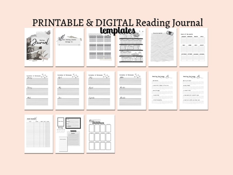 PRINTABLE Reading Journal Templates (black and White)| A4 & A5 ...