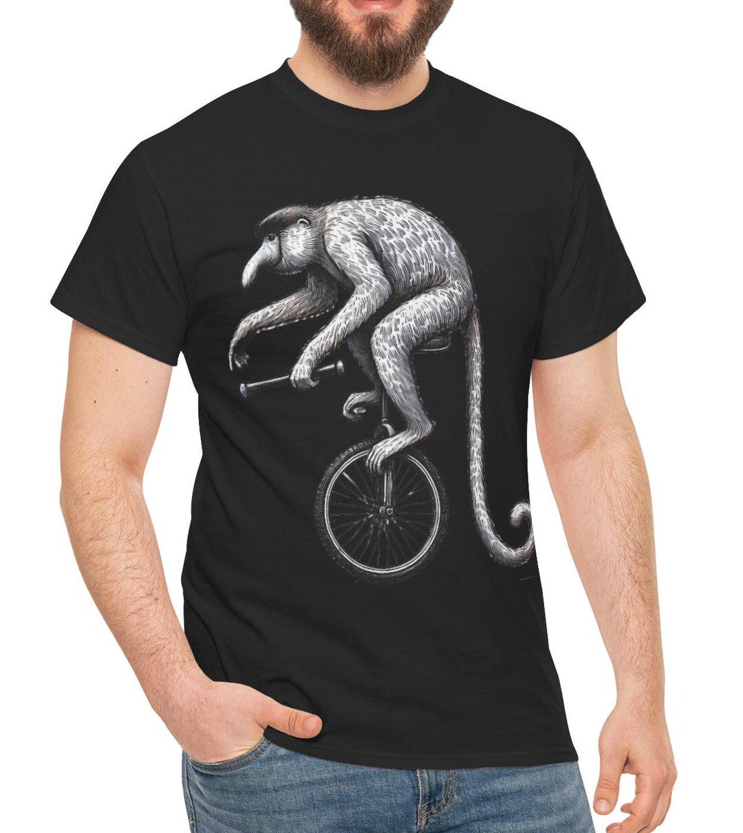 Long-nosed Monkey Riding a Unicycle Tshirt Funny Tshirt Unisex Heavy ...
