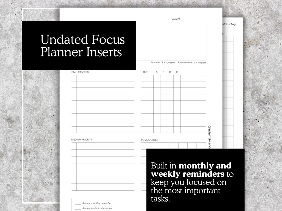 Undated Focus Planner Inserts & Priority Tasks List (monthly and Weekly ...
