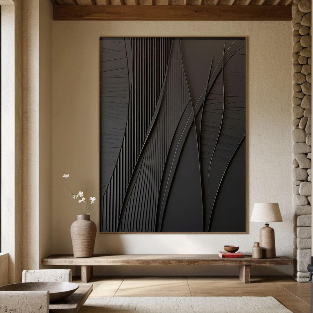 Large Black 3D Textured Mural, Black Minimalist Wall Art Decoration ...