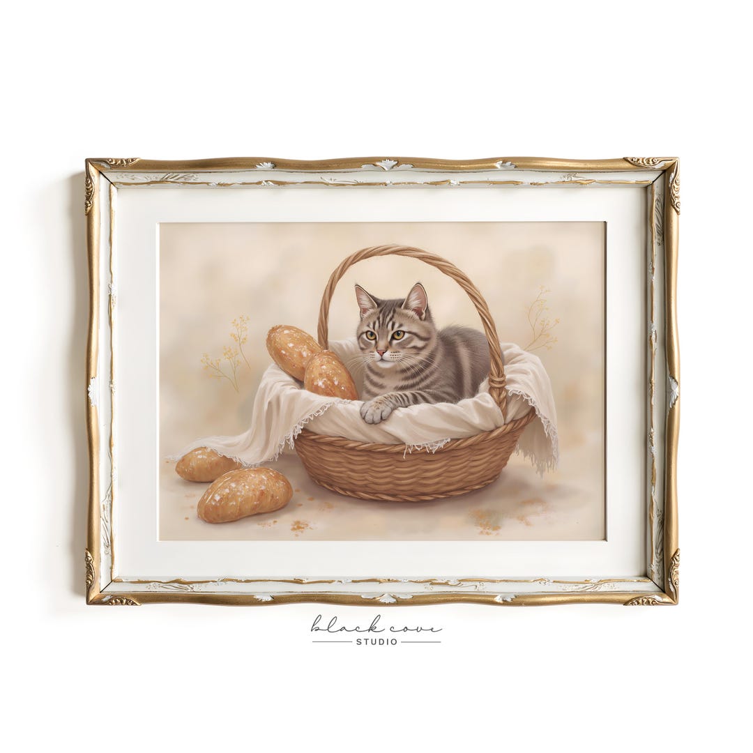 Tabby Cat Bread Basket Illustration, Farmhouse Kitchen Wall Art, Kid ...