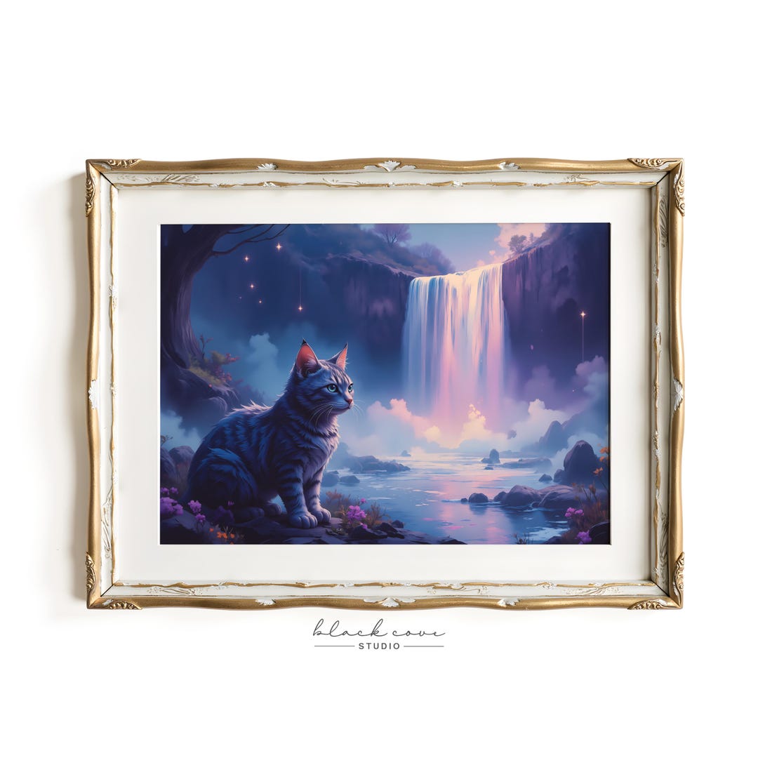 Cat Waterfall Illustration, Beautiful Fantasy Bedroom Wall Art, Cute ...