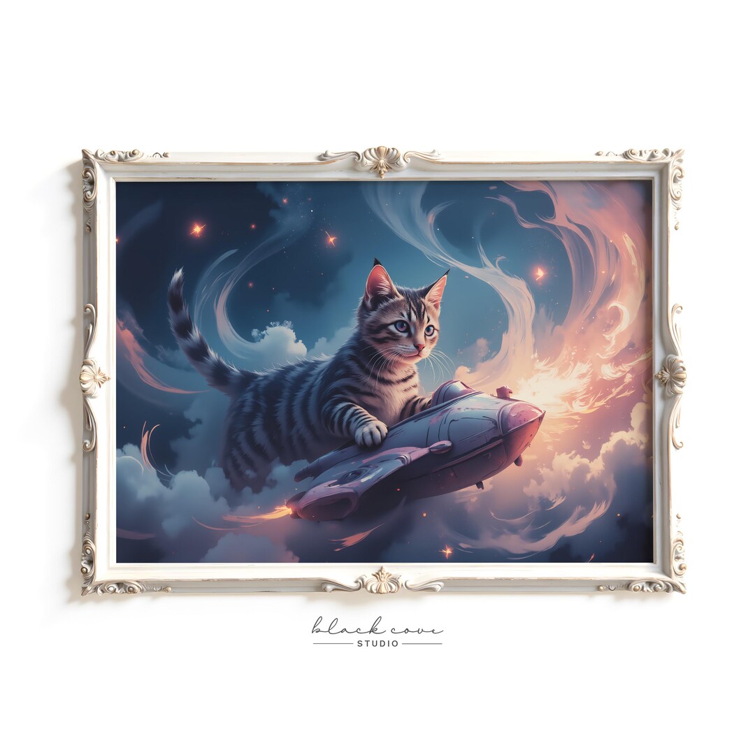 Space Kitten Rocket Illustration, Whimsical Fantasy Cat Wall Art ...