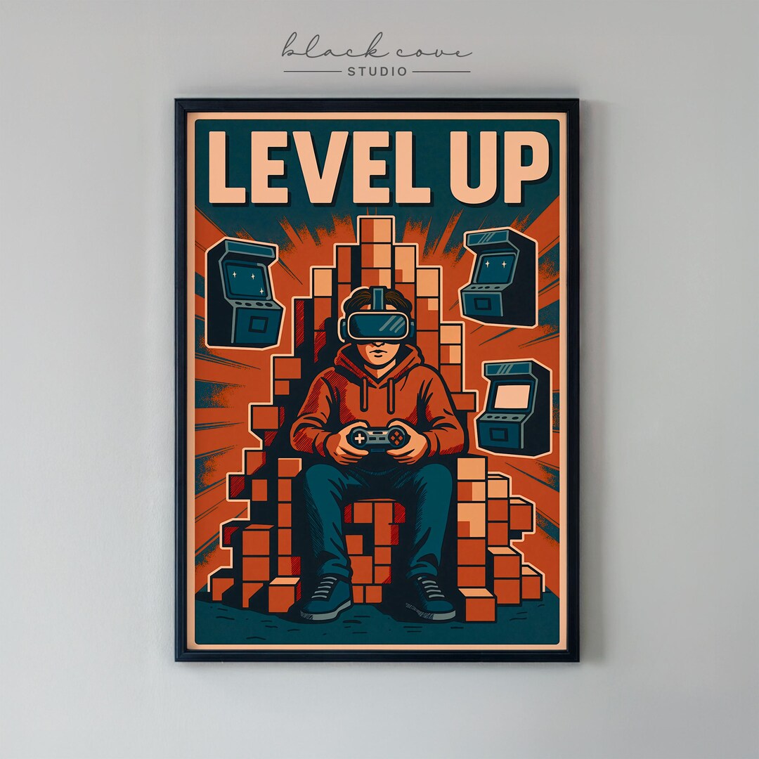 Level up Gamer Throne Retro Poster, Vintage Arcade VR Gaming Room Wall ...