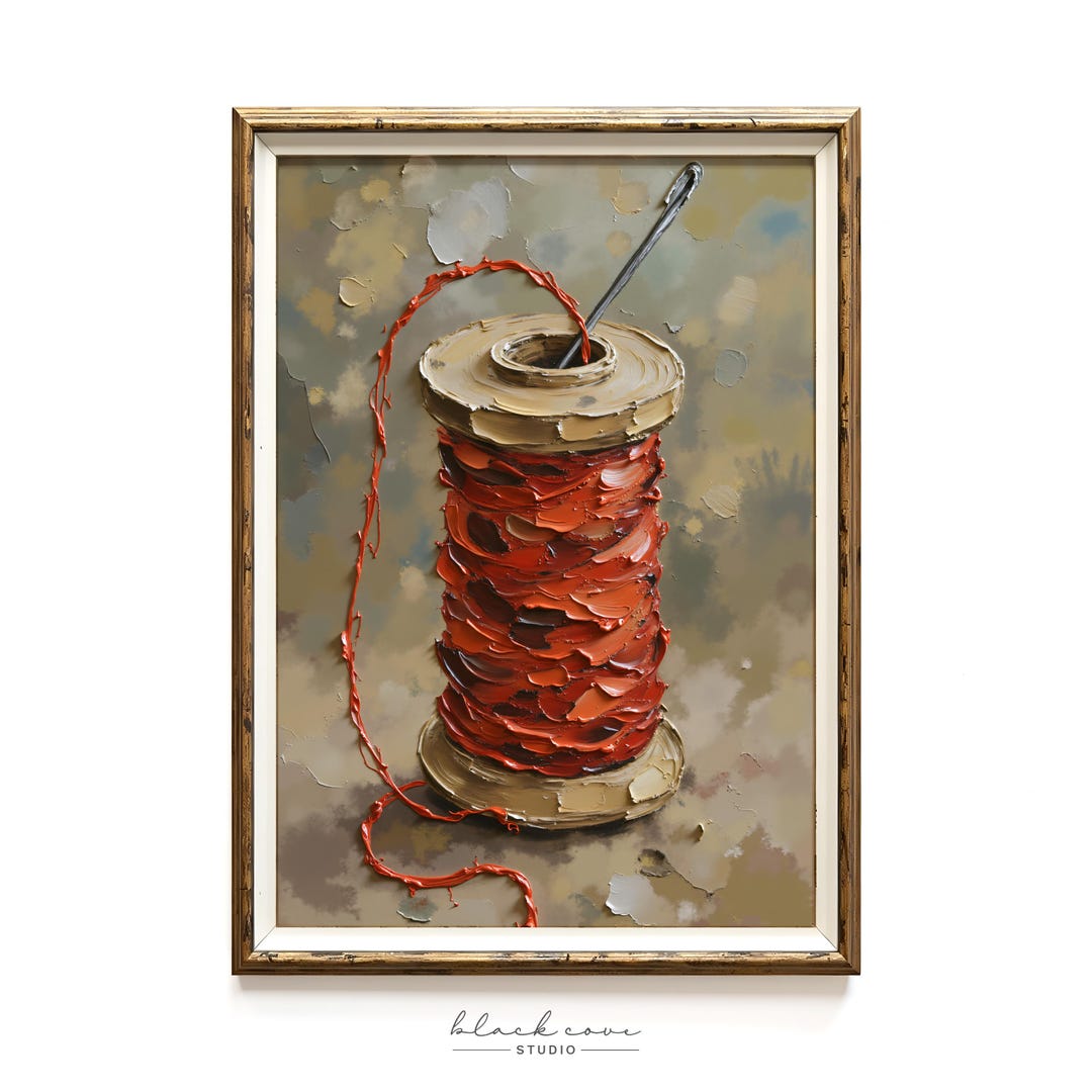 Needle Red Thread Spool Painting, Fall Farmhouse Sewing Room Wall Art ...