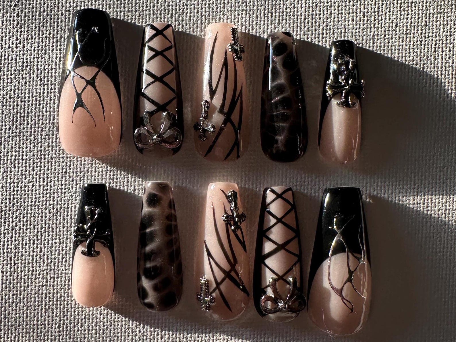 Dark Cross Nails Black French Tip Nails With Metal Cross Charms/ Goth ...