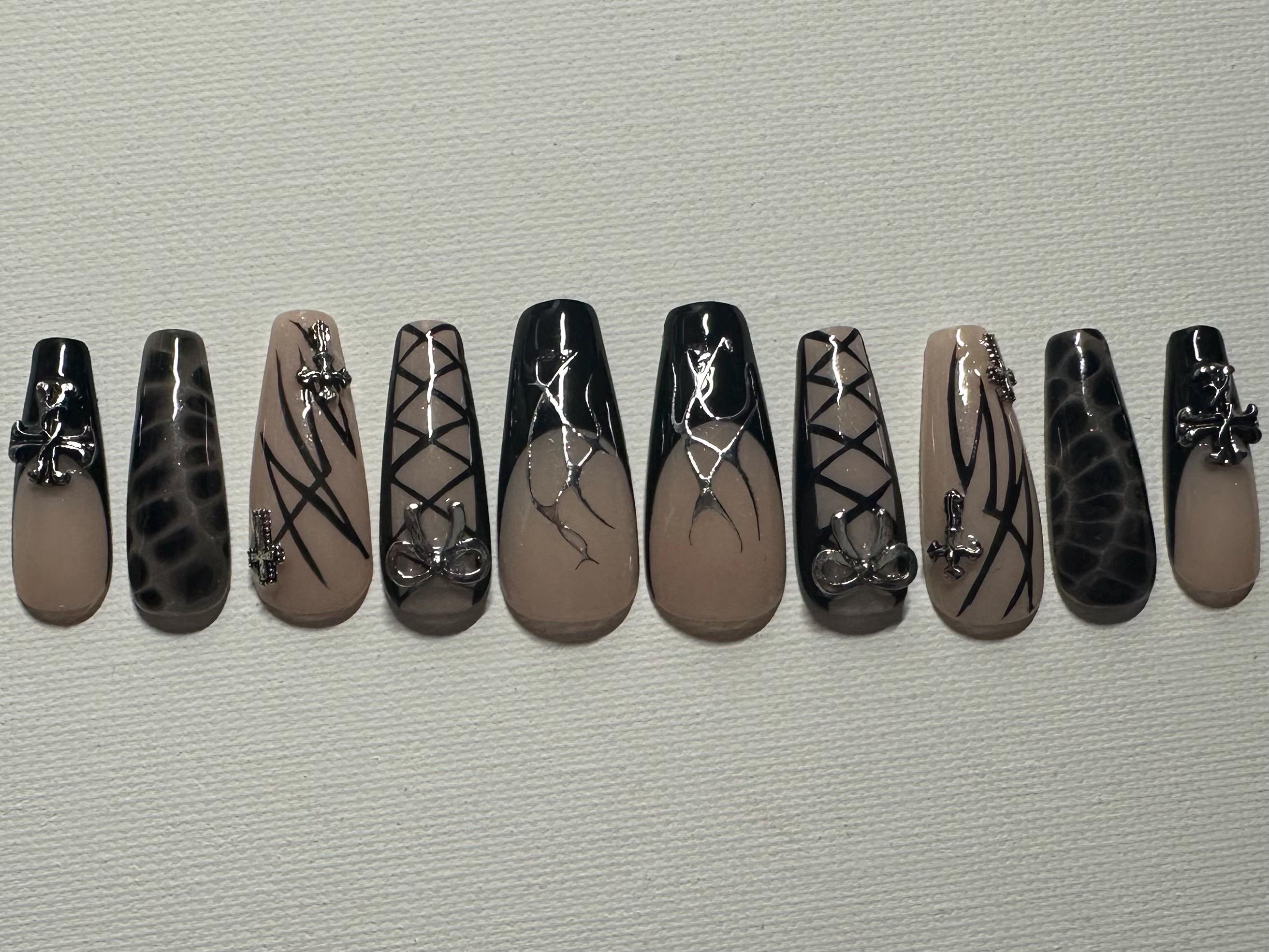 Dark Cross Nails Black French Tip Nails With Metal Cross Charms/ Goth ...