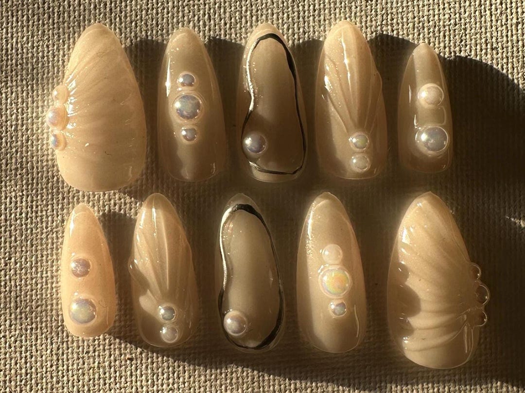 Pearly Seashell Nails 3D Press on Nails W/ 3D Art/ Fake Nails ...