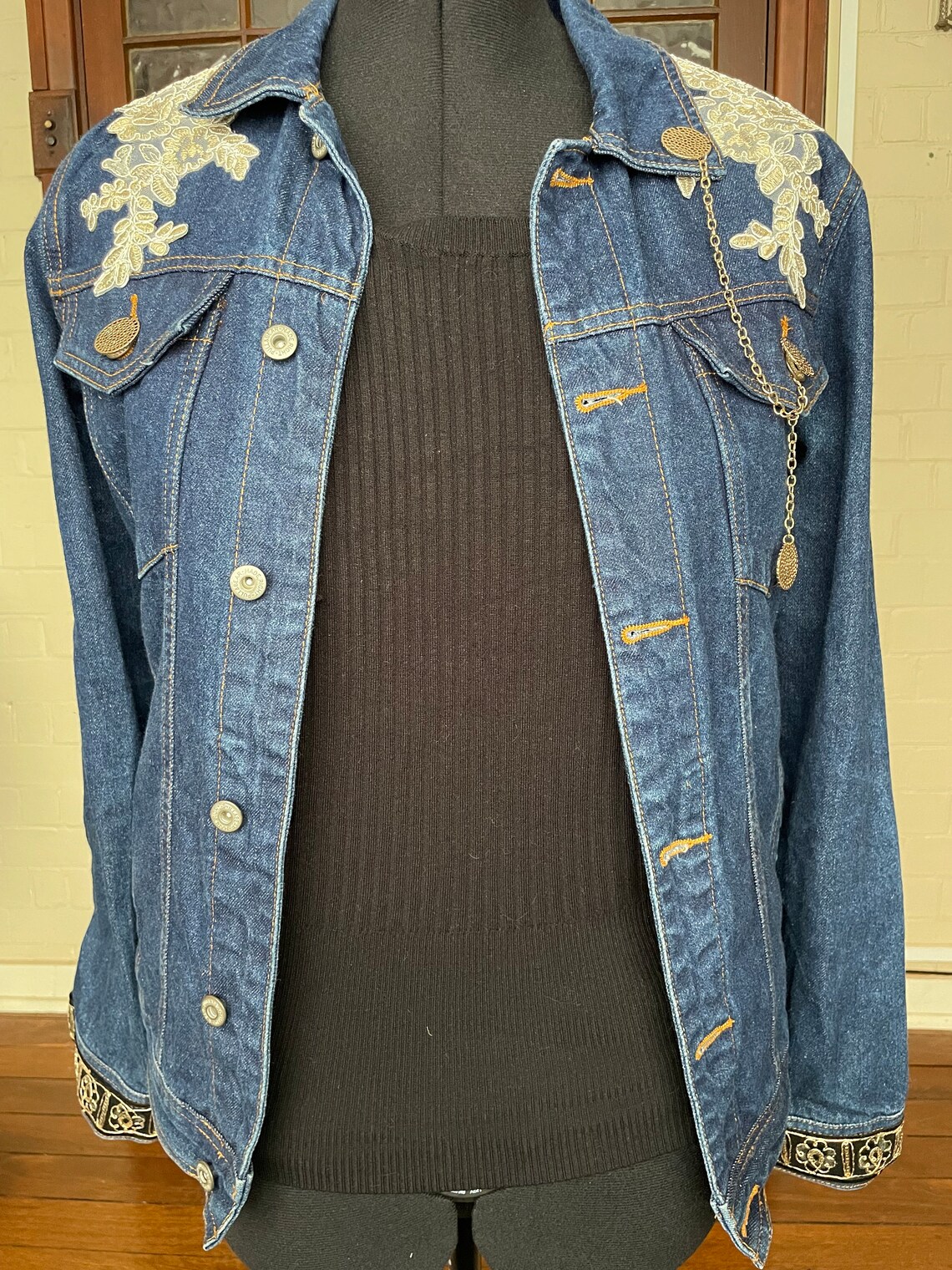 Unisex Upcycled Denim Jacket With Hand-sewn Gold Lace Embellishment ...