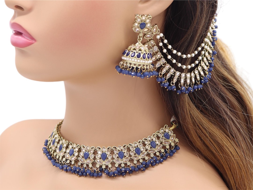 Jiva Blue Polki Indian Bridal Jewelry Set, Jhumka Earrings, Tikka - Etsy