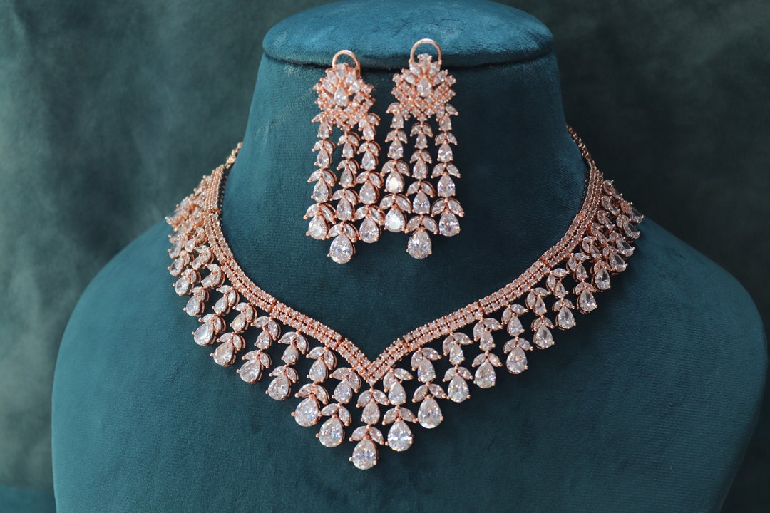 Pre Order Yana Rose Gold CZ Diamond Necklace Set American Diamond ...