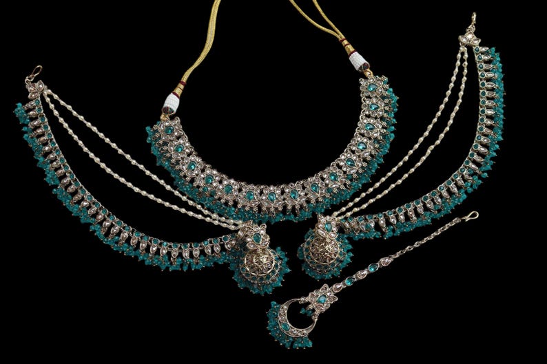 Jiva Teal Polki Choker With Ear Chain - Handmade Indian Bridal Necklace ...