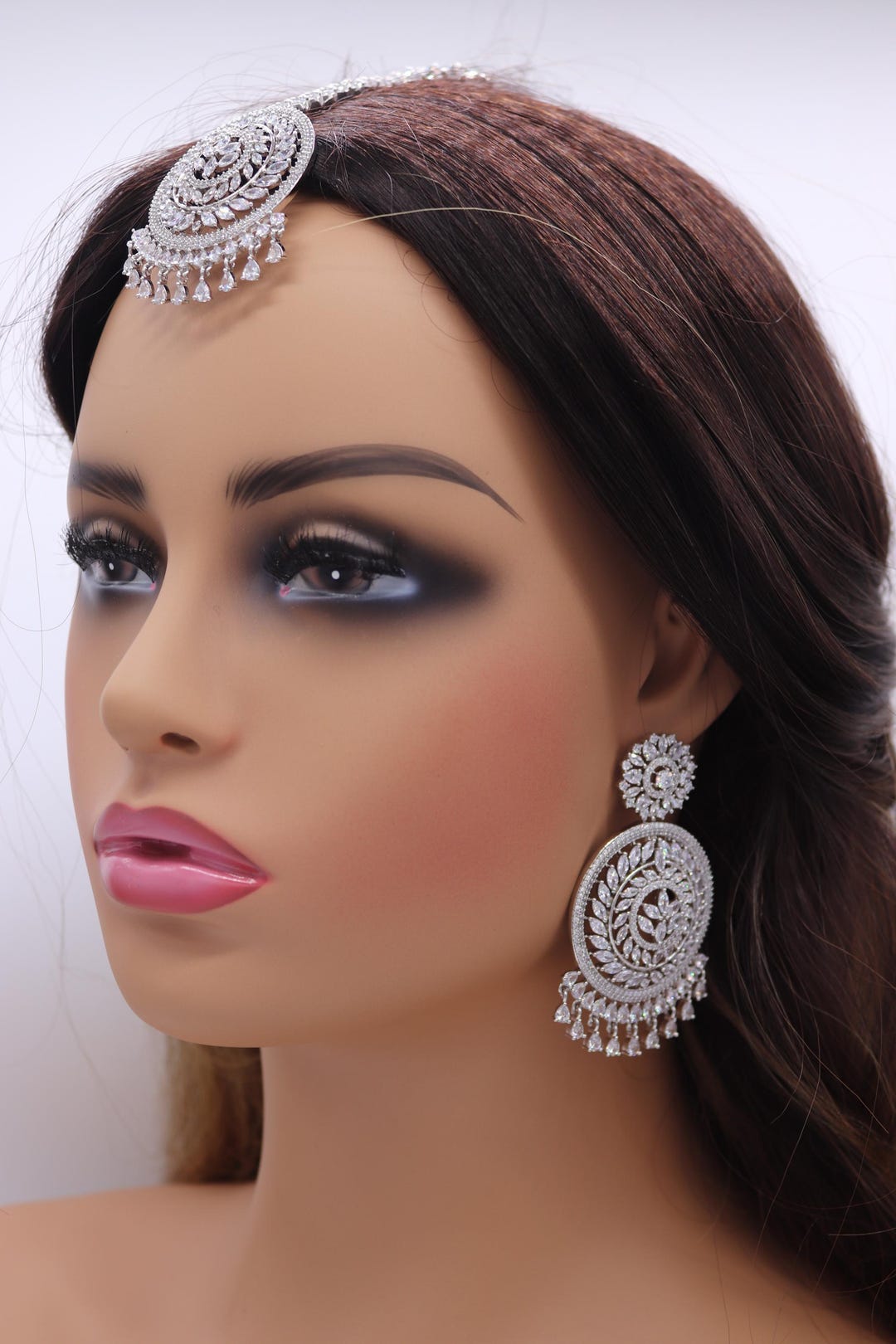 Silver Tikka Set, Big Tikka Set, American Diamond Tikka Set, Chandbali ...