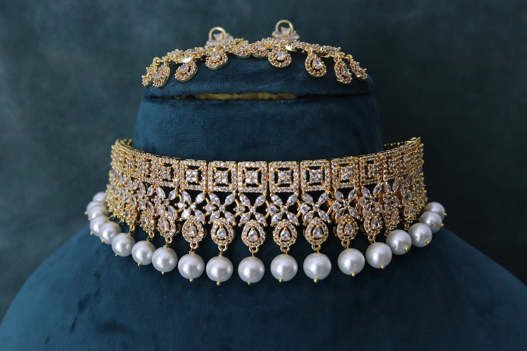 Dima Gold CZ Pearl American Diamond Necklace Indian Jewelry Indian Necklace Punjabi Jewelry ...