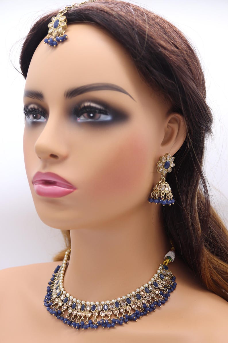 Zoe Handmade Blue Polki Choker Necklace: Indian Kundan Jewelry Set - Etsy