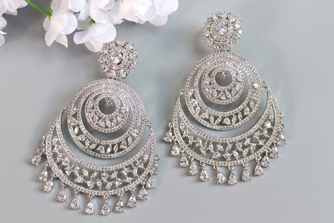 Silver Chandbali Cubic Zirconia, Chandbali Earrings,indian Earring ...