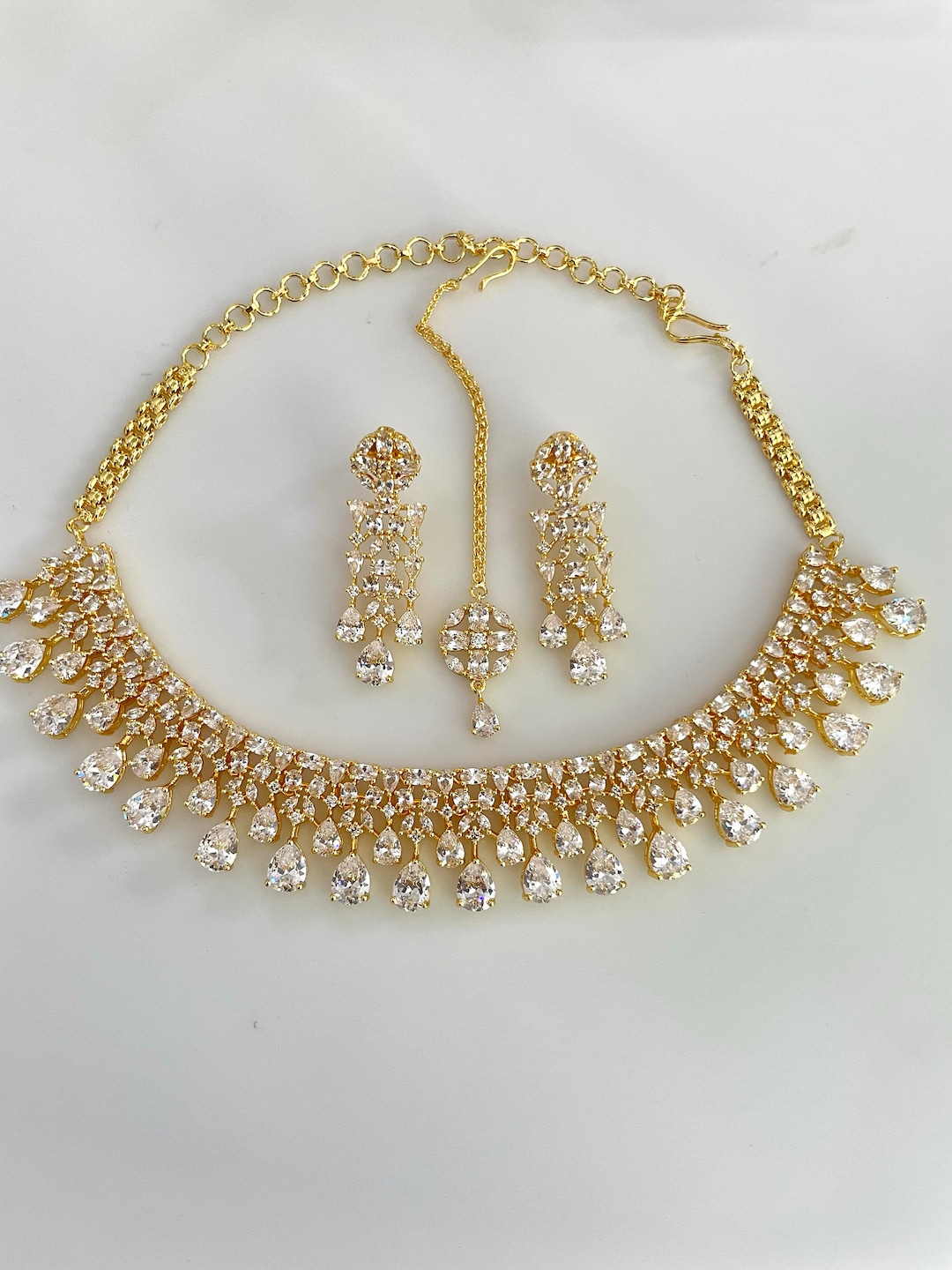 June Gold CZ Set American Diamond Necklace Indian Jewelry Indian ...