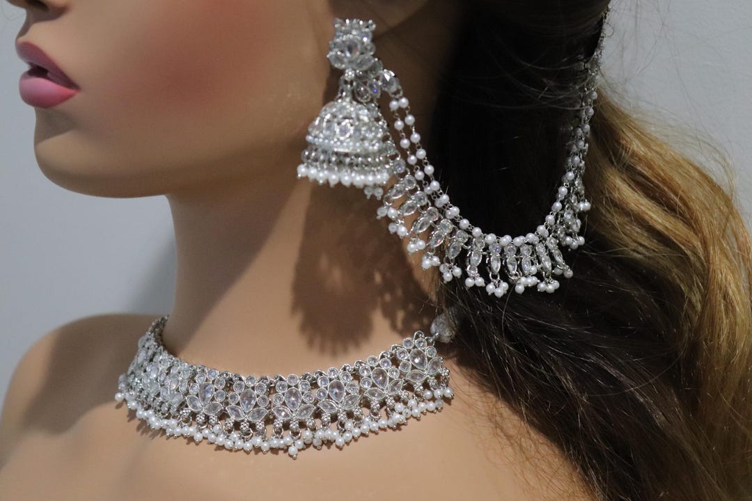 Jiva Silver Polki Necklace Set With Earchain, Tikka & Jhumka: Indian ...