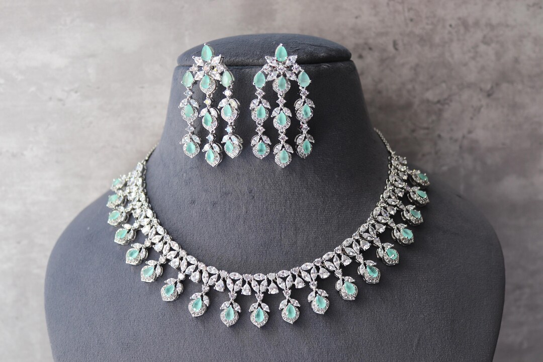Lina Mint Cubic Zirconia Necklace Set: White Rhodium Brass Wedding ...