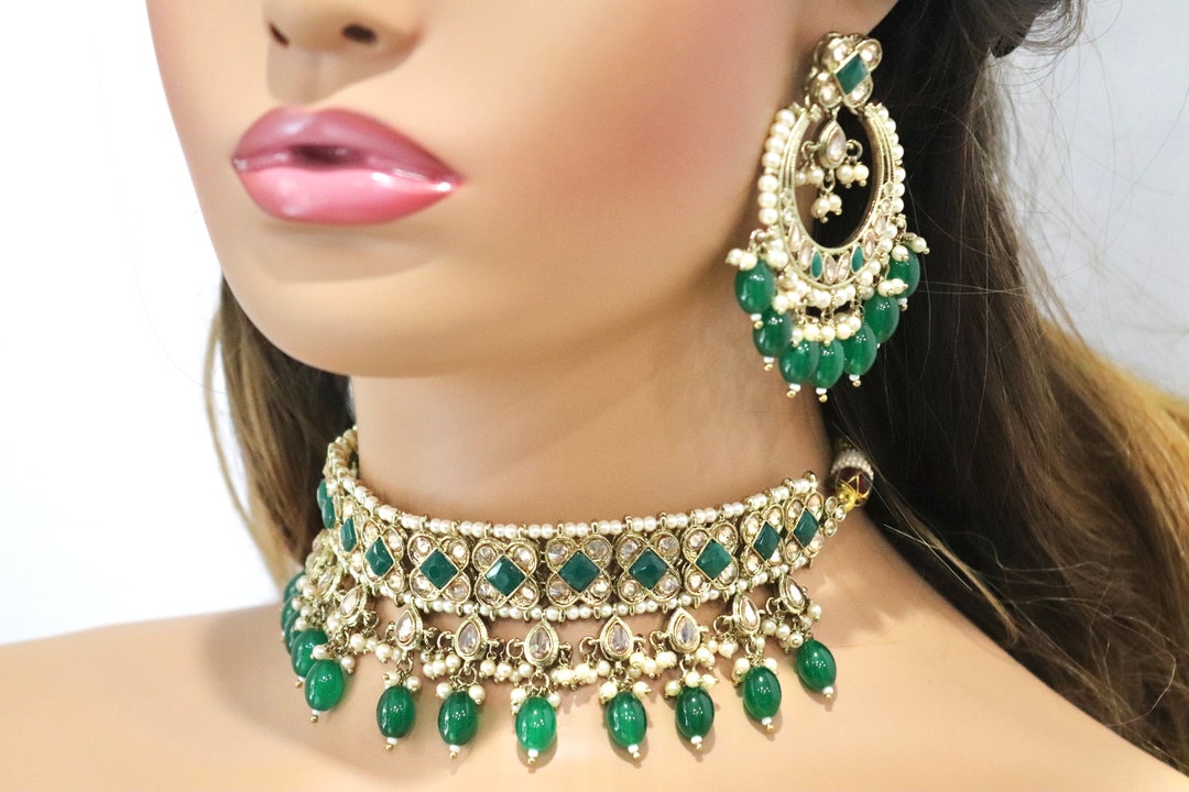 Ziva Green Polki Choker, Punjabi Jewelry, Green Necklace Set, Choker ...