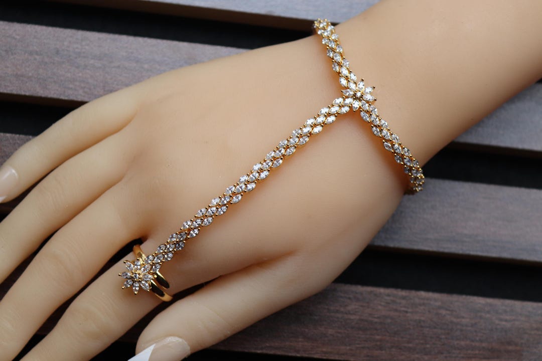 Gold CZ Hathphool, Hand Piece, Finger Bracelet, Ring With Bracelet, AD Bangles, Bridal Jewelry ...