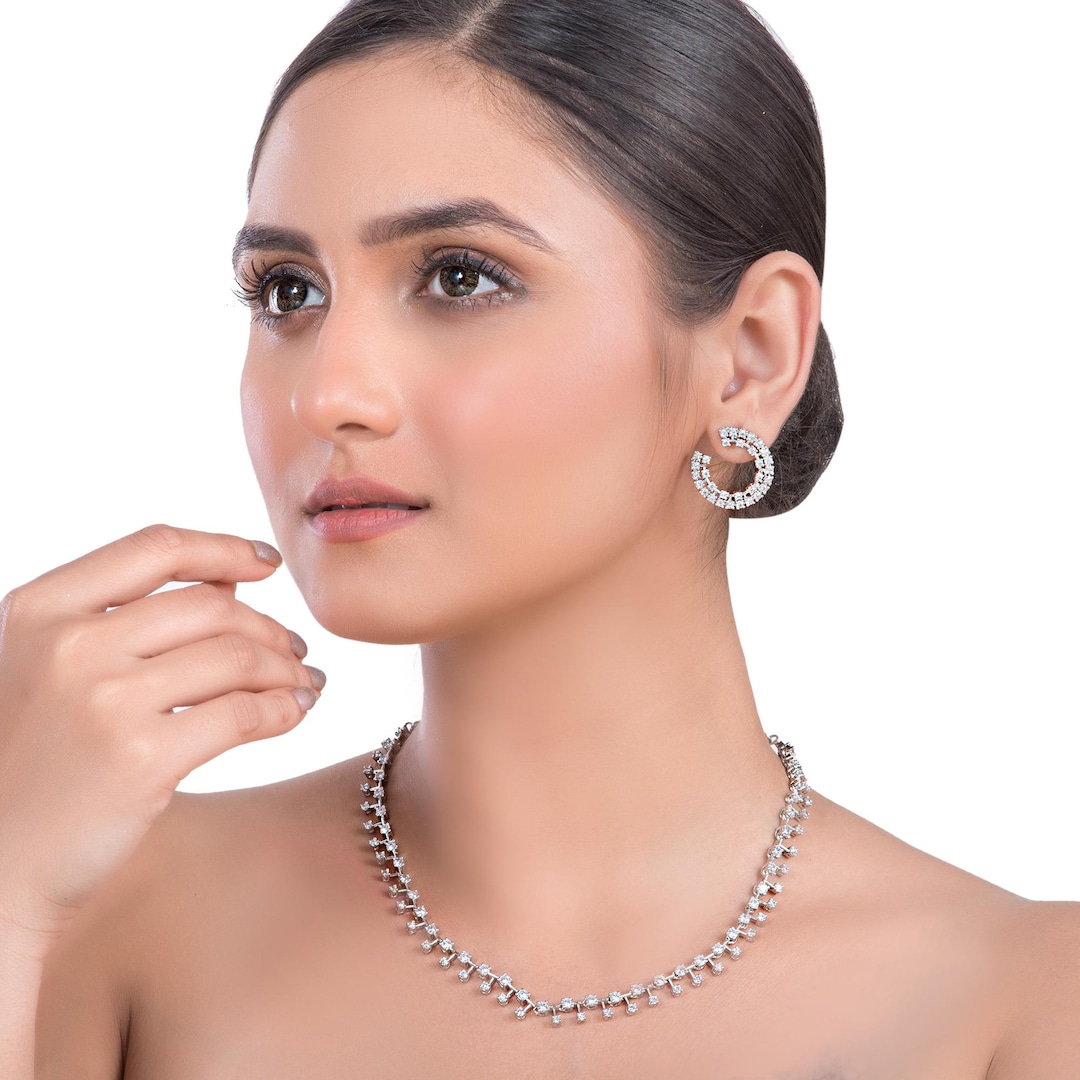 Robyn Dainty Silver Necklace Set, American Diamond Necklace Set ...