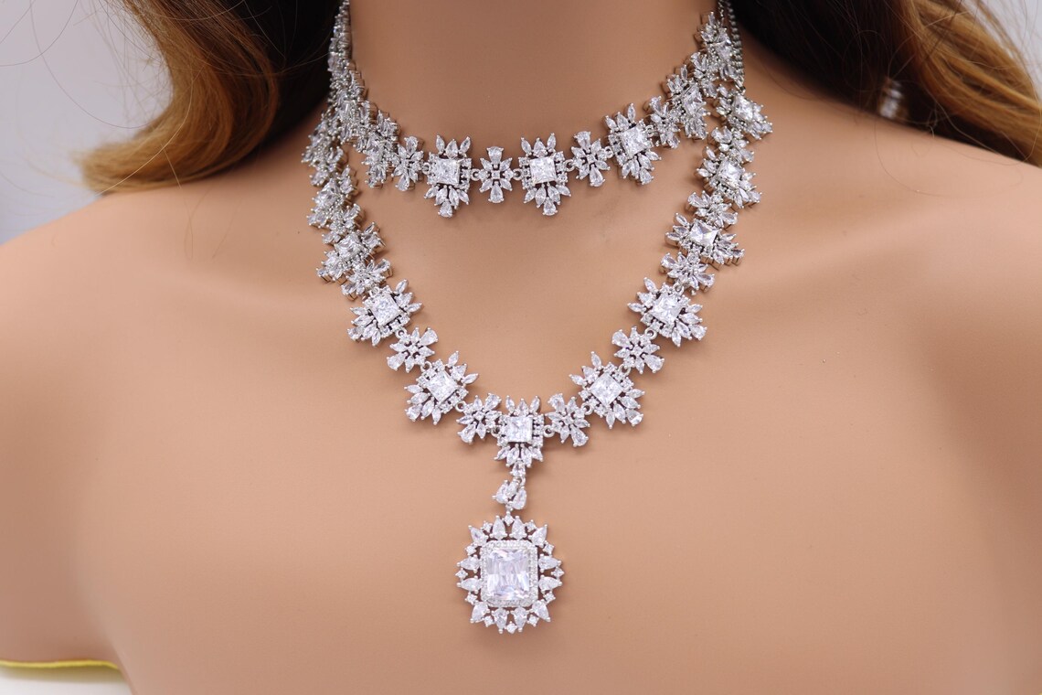 Misha Long Short Silver Necklace Set With Earring Tikka Long Silver ...