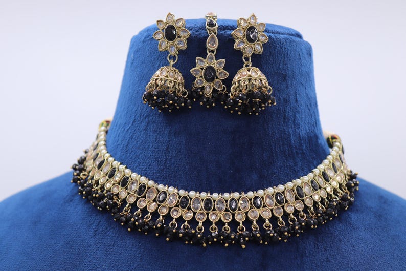Zoe Black Gold Polki Choker Necklace Set, Indian Jhumkey Tikka Jewelry ...
