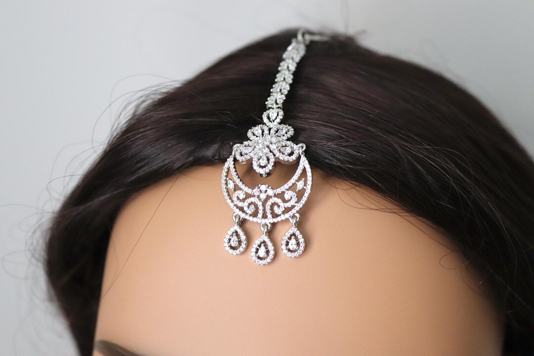 Silver CZ Tikka: Indian Bridal Forehead Jewelry - Etsy