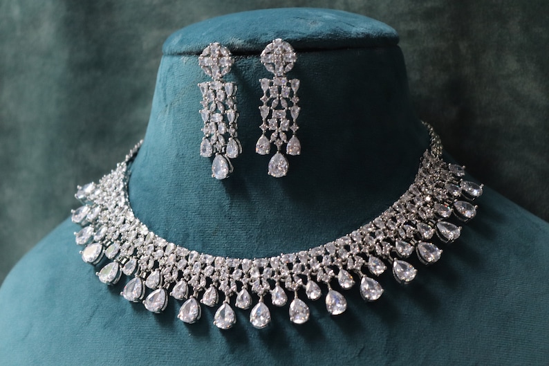June CZ Diamond Bridal Necklace Set, Rhodium Plated Indian Jewelry - Etsy