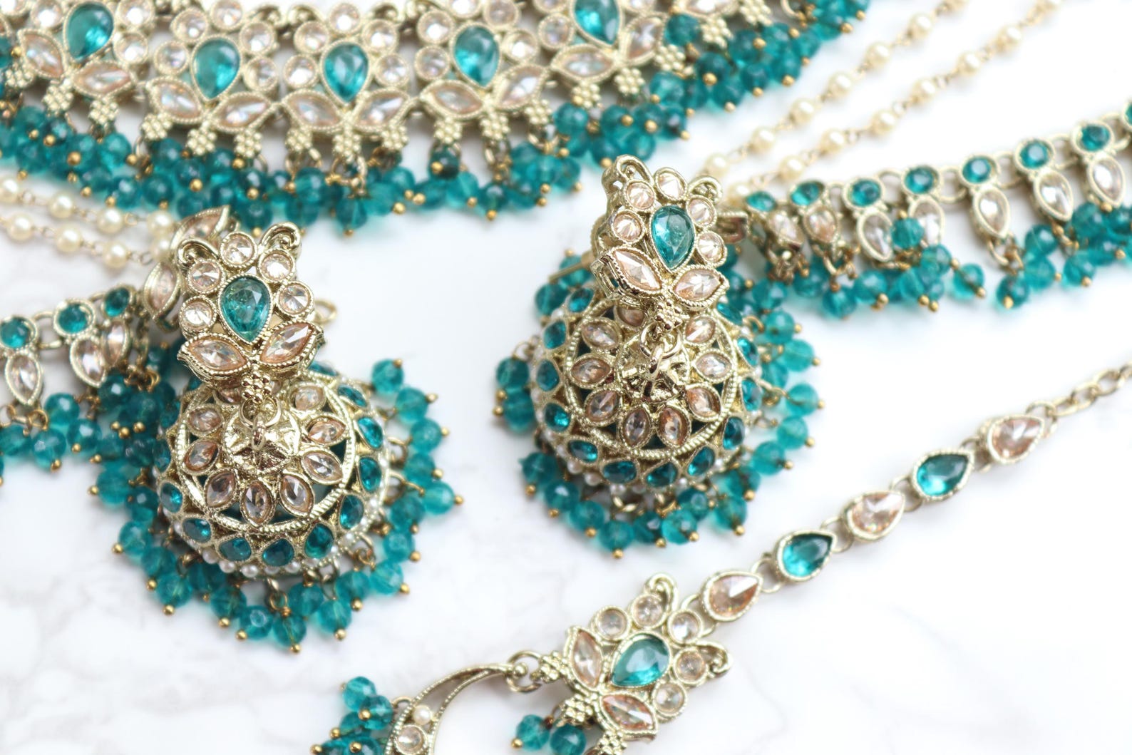 Jiva Teal Polki Choker With Ear Chain - Handmade Indian Bridal Necklace ...