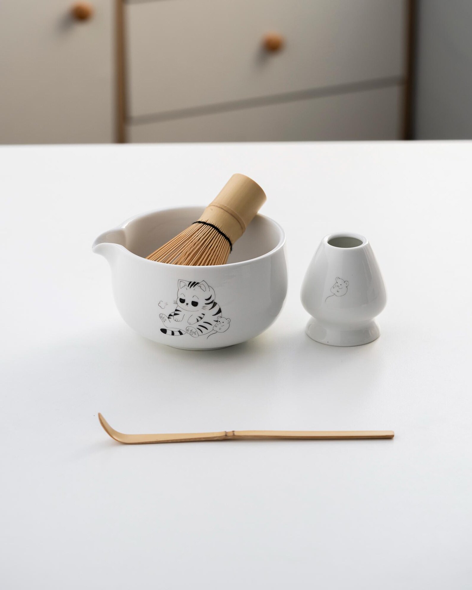 Hand-painted Cartoon Cat and Mouse Ceramic Matcha Bowl With Bamboo ...