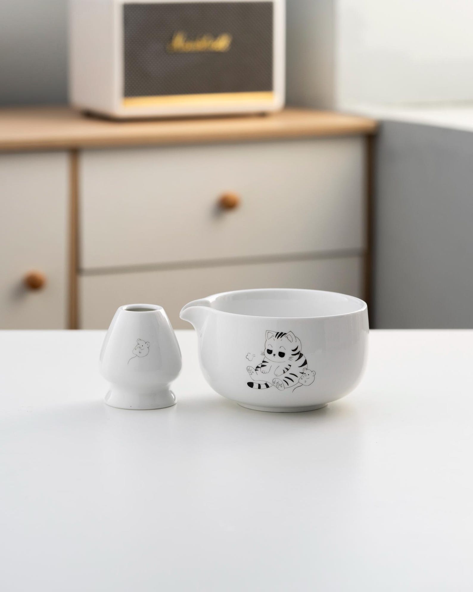 Hand-painted Cartoon Cat and Mouse Ceramic Matcha Bowl With Bamboo ...