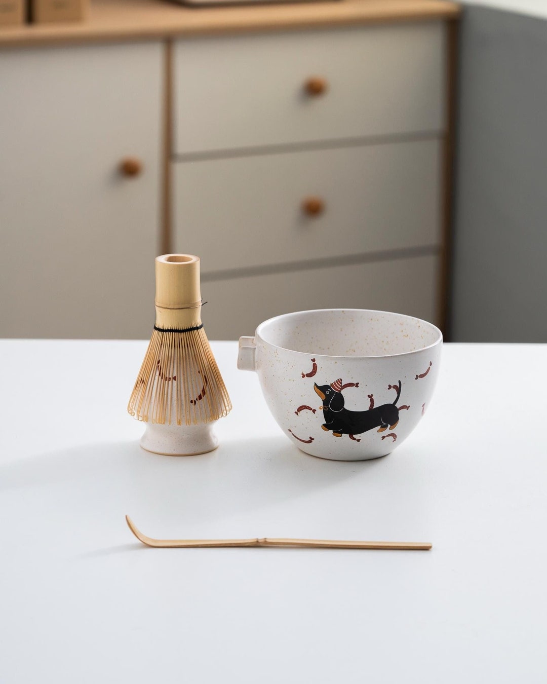 Hand-painted Sausage Dog Ceramic Matcha Bowl With Bamboo Whisk and ...