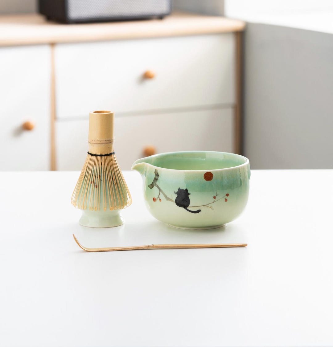 Hand-painted Cat Matcha Bowl Set With Bamboo Whisk and Chasen Holder ...