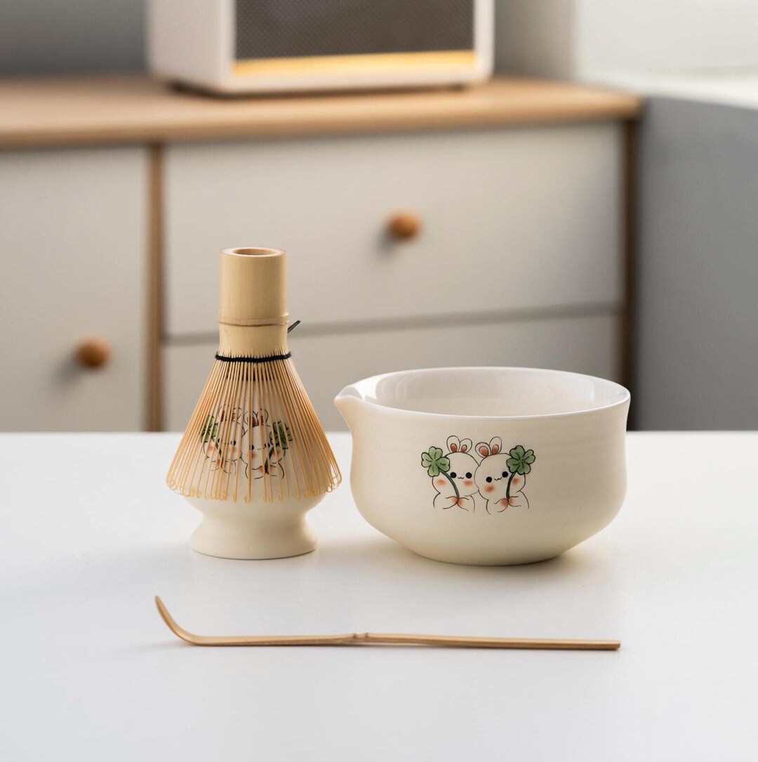 Hand-painted Double Rabbits Ceramic Matcha Bowl With Bamboo Whisk and ...