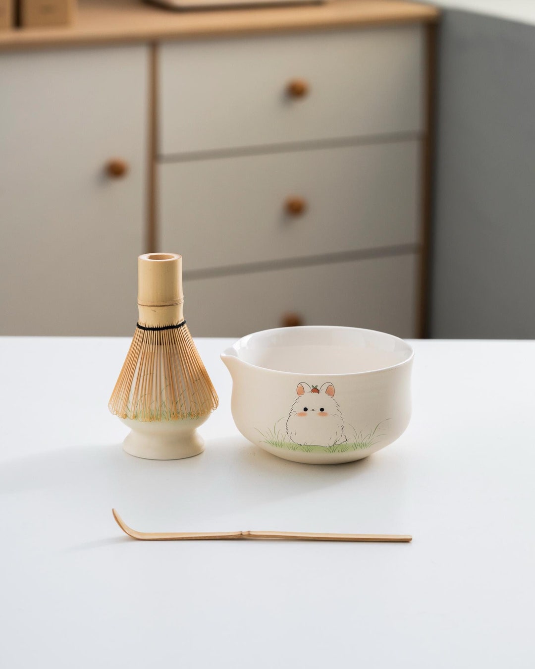Hand-painted Cute Bunny Ceramic Matcha Bowl With Bamboo Whisk and ...