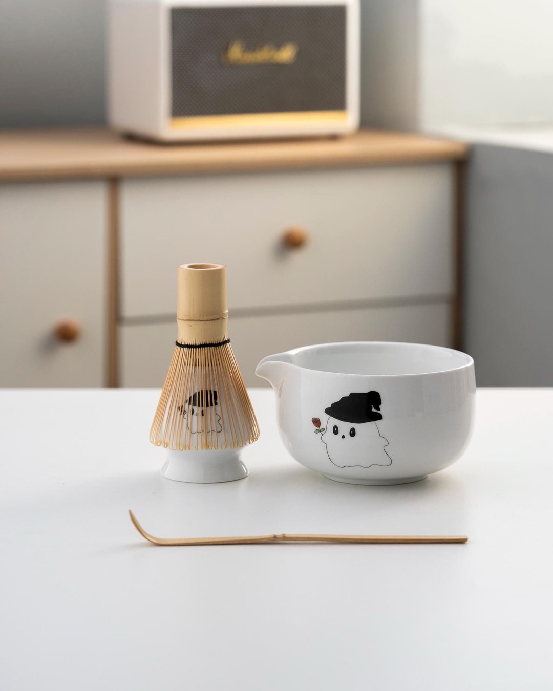 Hand-painted Ghost Ceramic Matcha Bowl With Bamboo Whisk and Chasen ...