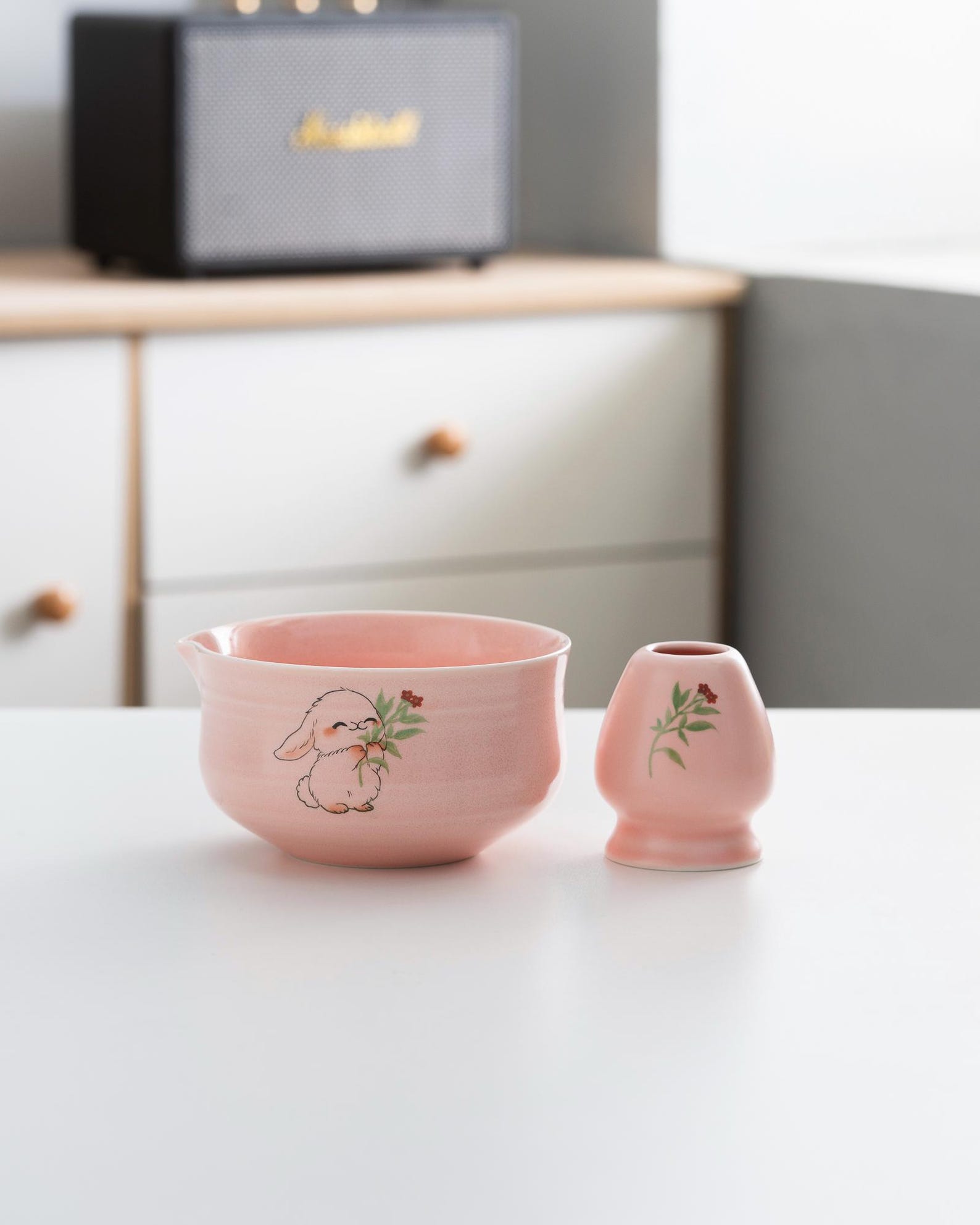 Hand-painted Pink Cute Rabbit Ceramic Matcha Bowl With Bamboo Whisk and ...