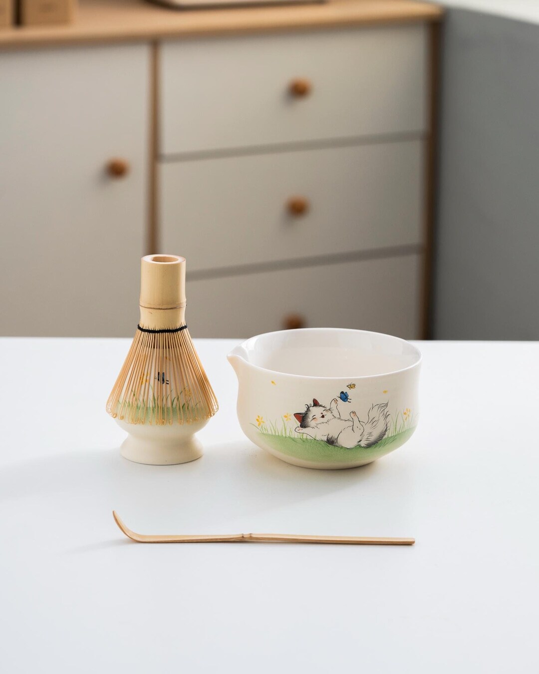 Hand-painted Cute Cat Ceramic Matcha Bowl With Bamboo Whisk and Chasen ...
